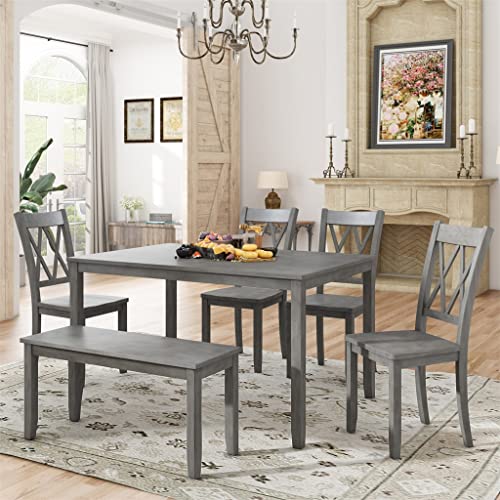 MJWDP 6 Piece Wooden Kitchen Dining Table Set Farmhouse Rustic Dining Table Set with Cross Back 4 Chairs and 1 Bench
