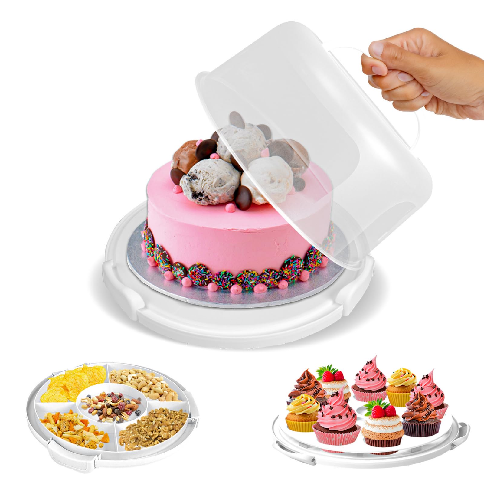 Plastihut Cake Carrier With Lid and Handle ā All In 1 Multipurpose Cake Storage Container Fits 6" Cake, 11 Cupcakes & A Cake Plate Serves as 5 Section Serving Tray for Snacks & Fruit - White