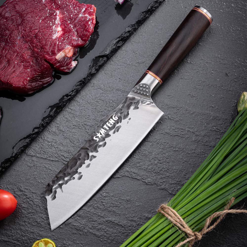 SMTENG Nakiri Knife 7 Inch Professional Chef Knife 3 layer 9CR18MOV clad steel hammered with Ergonomic Pakkwood handle kitchen knife for cooking