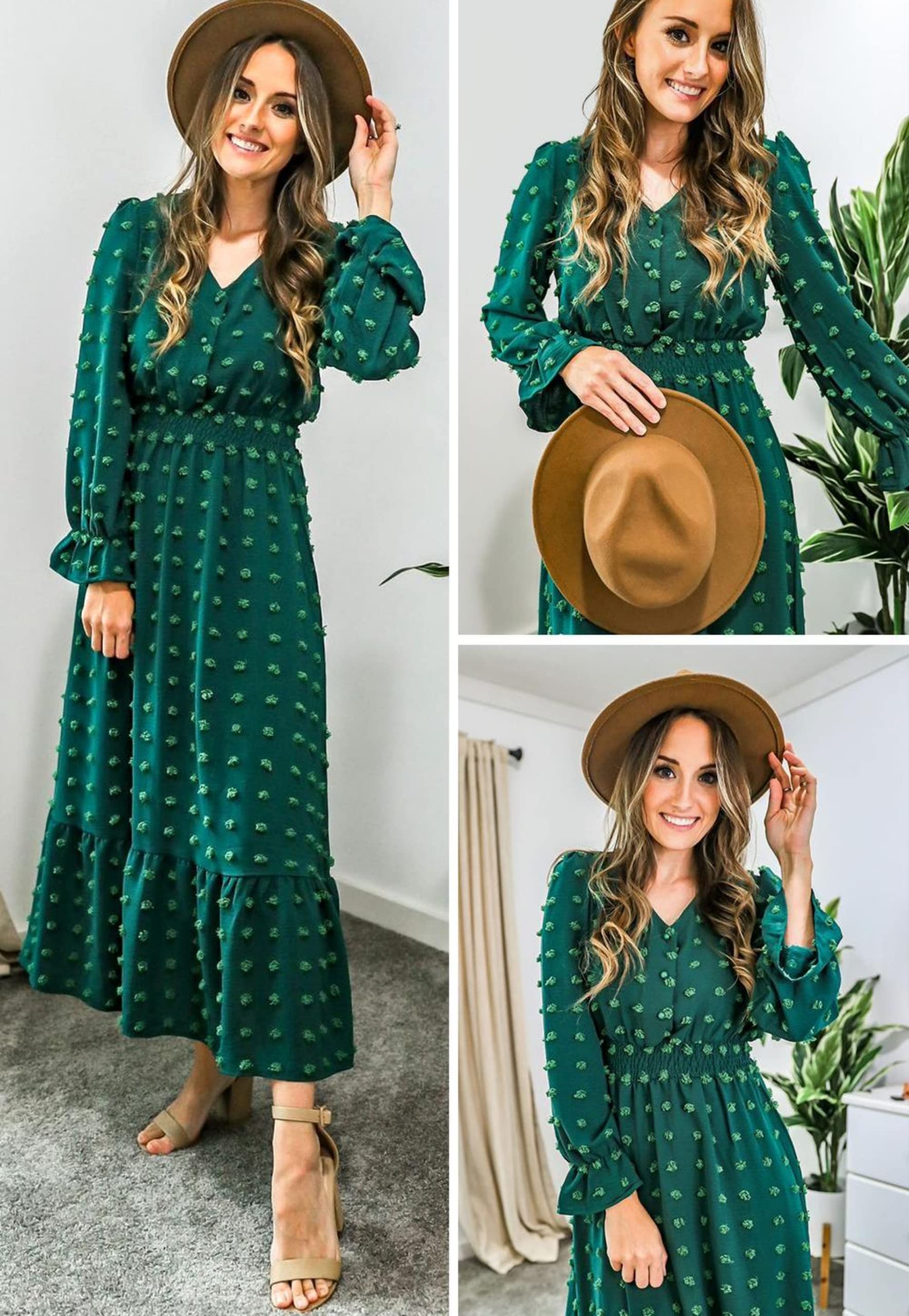 MASCOMODA Women Boho Maxi Dress 2024 Long Sleeve V Neck Swiss Dot Smocked High Waisted A-Line Ruffle Tiered Long Dress(X-Large, Dark Green)