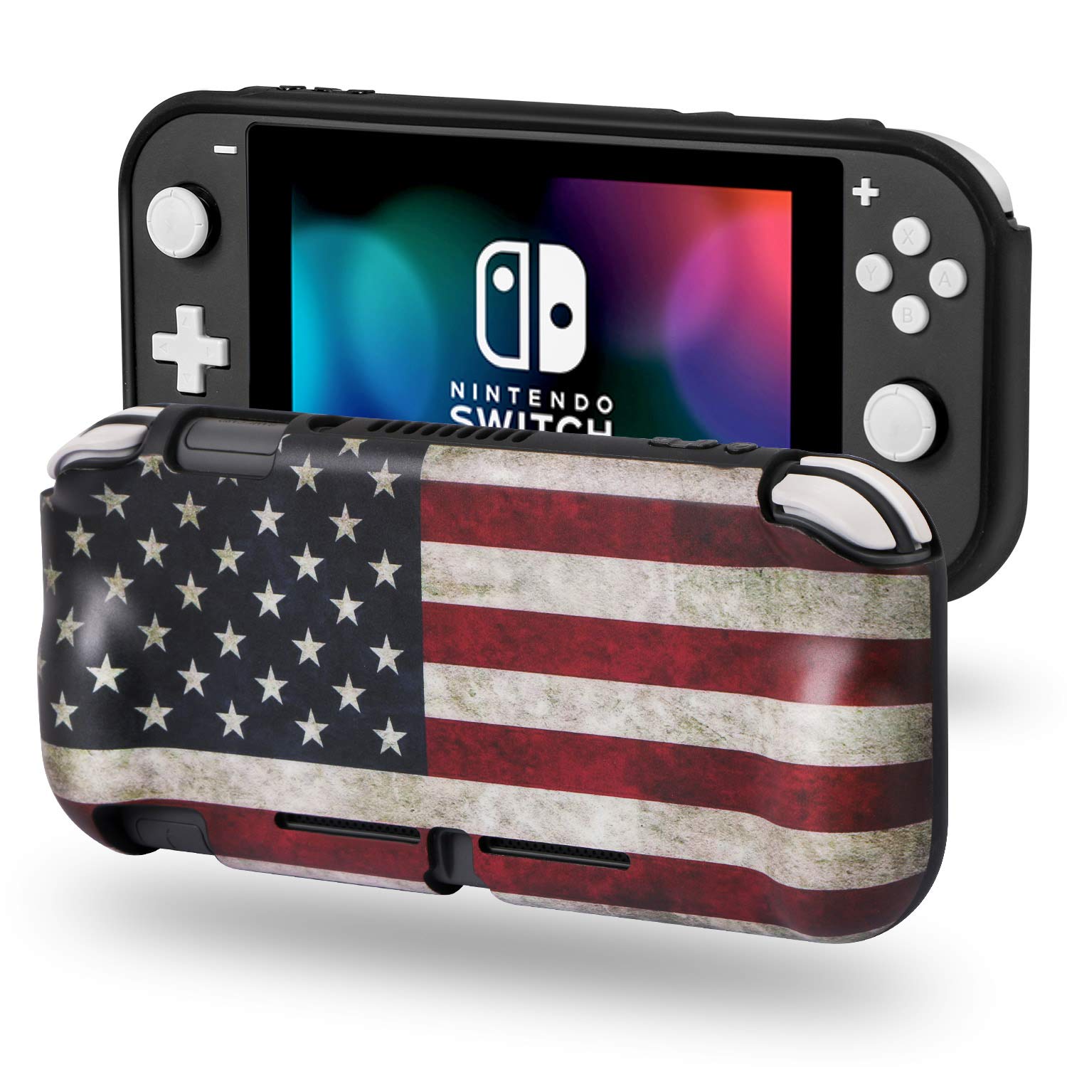 ROLEES Soft Silicone Case for Nintendo Switch Lite, Anti-Collision Non-Slip Shockproof Silicone Protective Cover Shell for Nintendo Switch Lite Retro American Flag