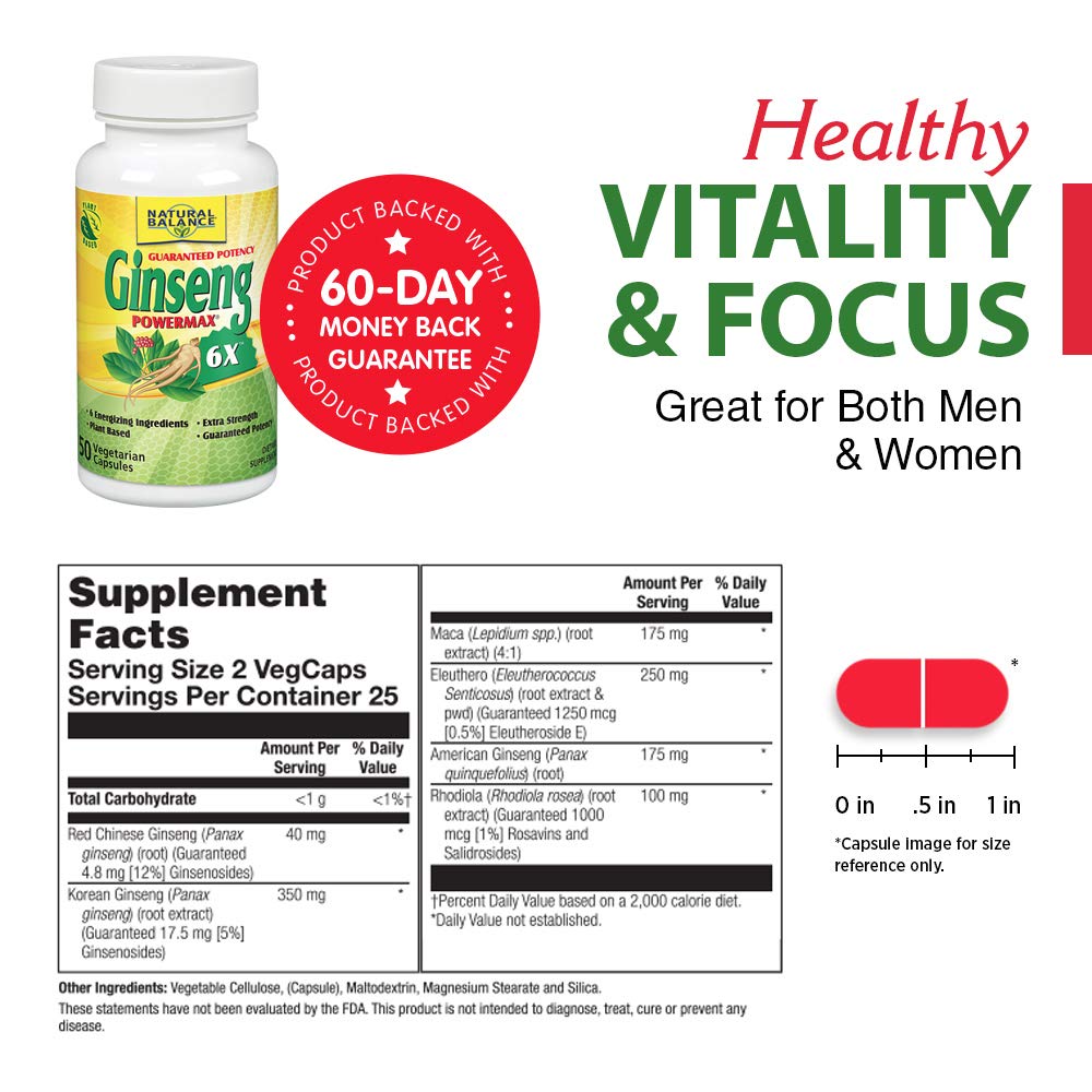 Natural Balance Ginseng PowerMax 6X | Energizing Formula with Ginseng, Eleuthero, Maca & Rhodiola for Cognitive Support | 50 VegCaps, 25 Servings