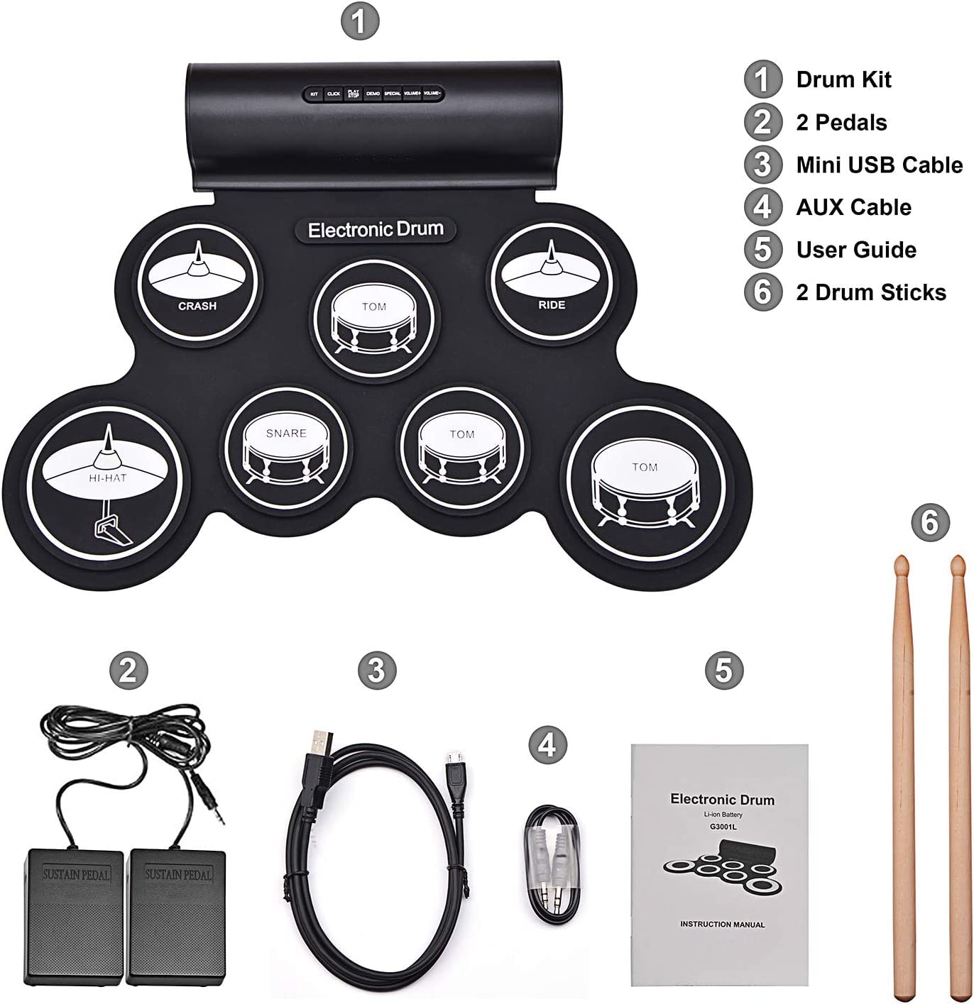 TPEDDII Electric Drum Set for Kids, Roll-up Drum Pad Machine with Headphone Built-in Speaker Drum Sticks Foot Pedals 10 Hours Playtime, Great Holiday Xmas Birthday Gift for Kids