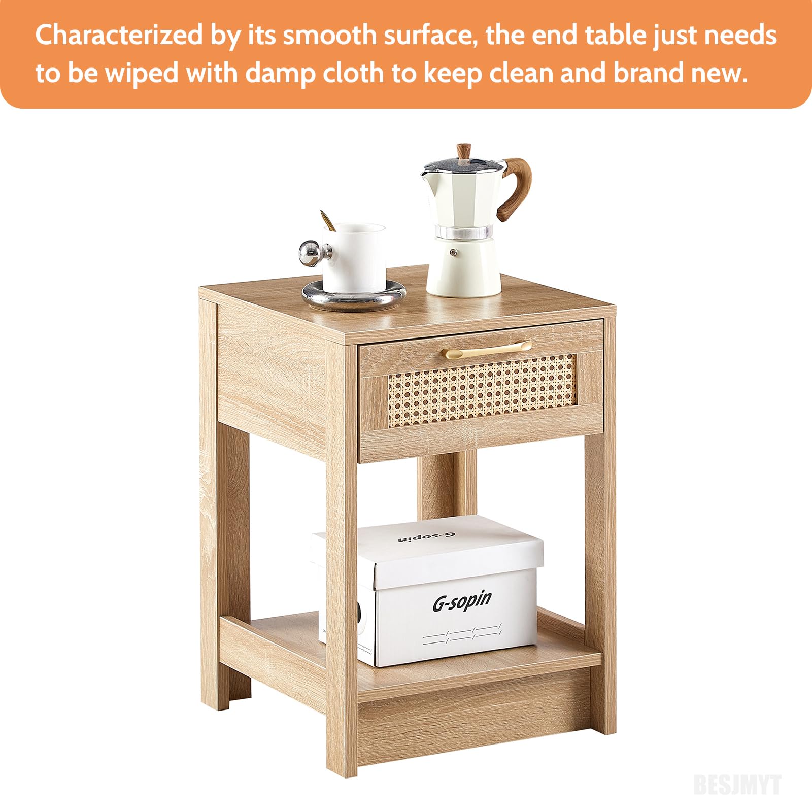 Nightstand with 1 Drawer, Modern Rattan End Table with Drawer and Solid Wood Legs,Side Table with 1 Open Storage Space for Living Room Bedroom, Natural