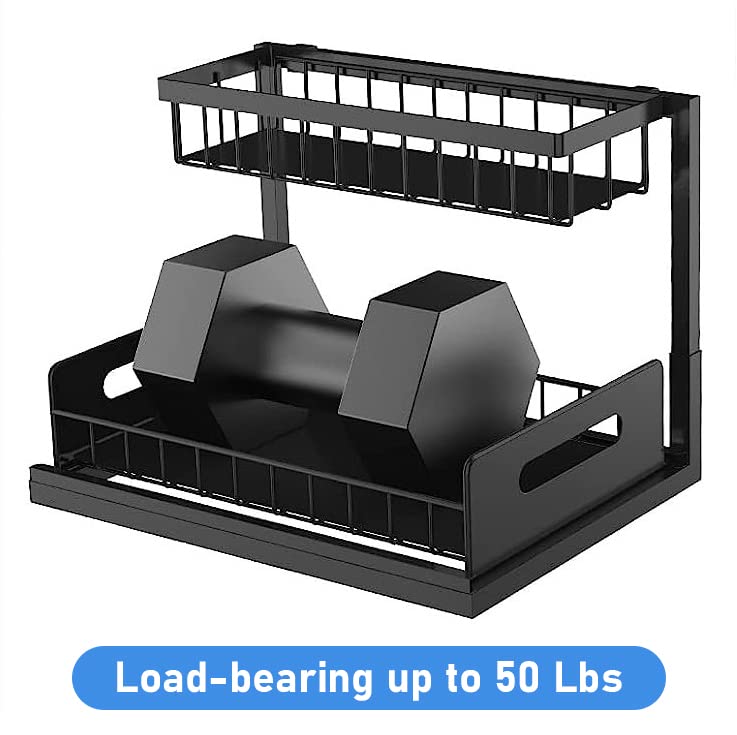 Meegoo Under Sink Organizer, 2 Tier Pull Out Cabinet Organizer, Heavy Duty Metal Shelf Cabinet Storage Shelves for Kitchen Bathroom Organization Multi-Use (Black)