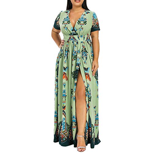 Pinkpaopao Women's Boho Butterfly Printed Long Dress Loose Plus Size Wrap V-Neck Dress Short Sleeve Split Beach Dress