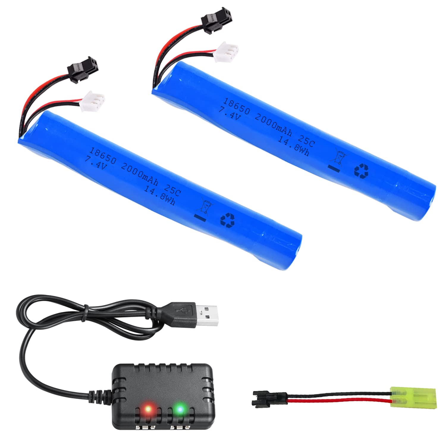 VICMILE Airsoft Battery 7.4V 2000mAh SM2P Plug with 1to2 USB Charger Gel Blaster Battery Compatible with SRB1200, SRB400, SRB400-SUB, MP5K, M4 and M110 Water Bead Blaster 2Pack