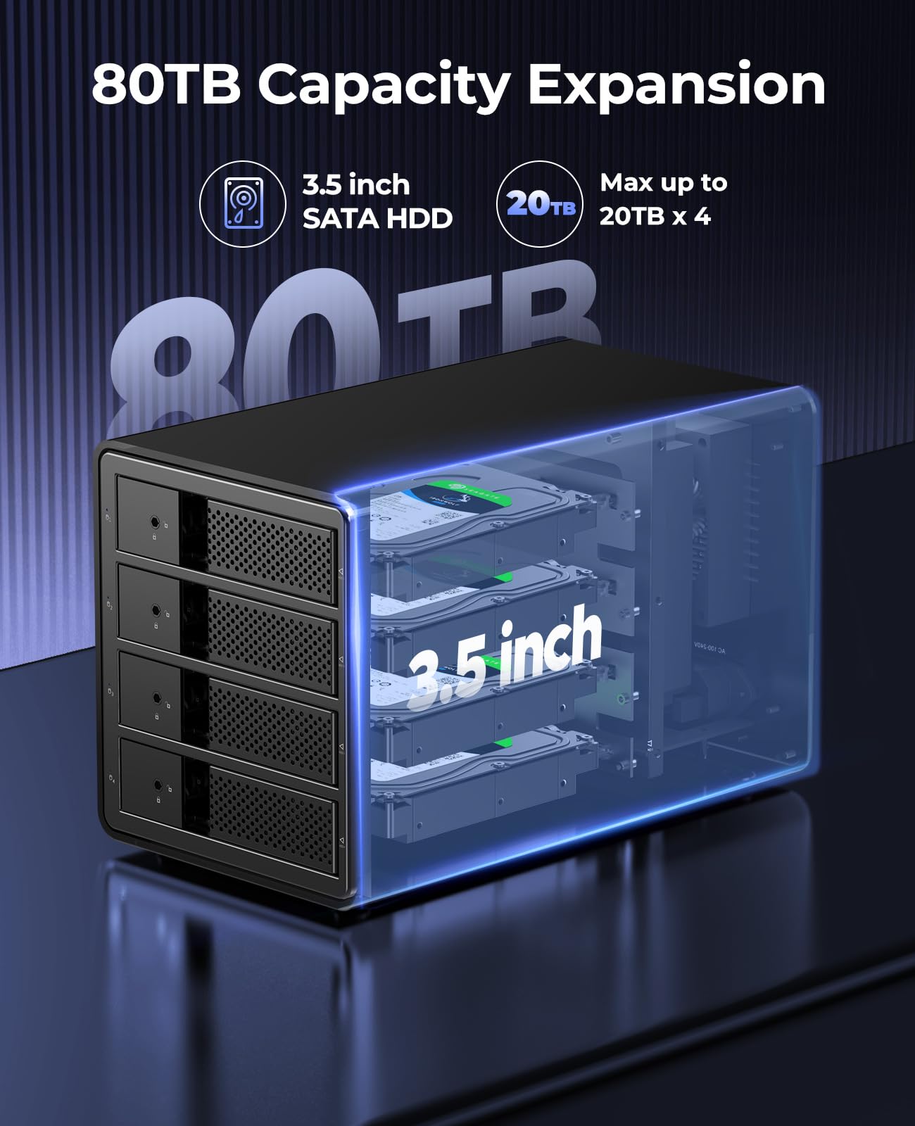 ORICO 4 Bay Raid Hard Drive Enclosure Aluminum with Hard Drive Tray-Less Design HDD Enclosure Max Up to 80TB Support RAID 0/1/3/5/10/JBOD/Single Mode, Designed with Safety Lock -9548RU3