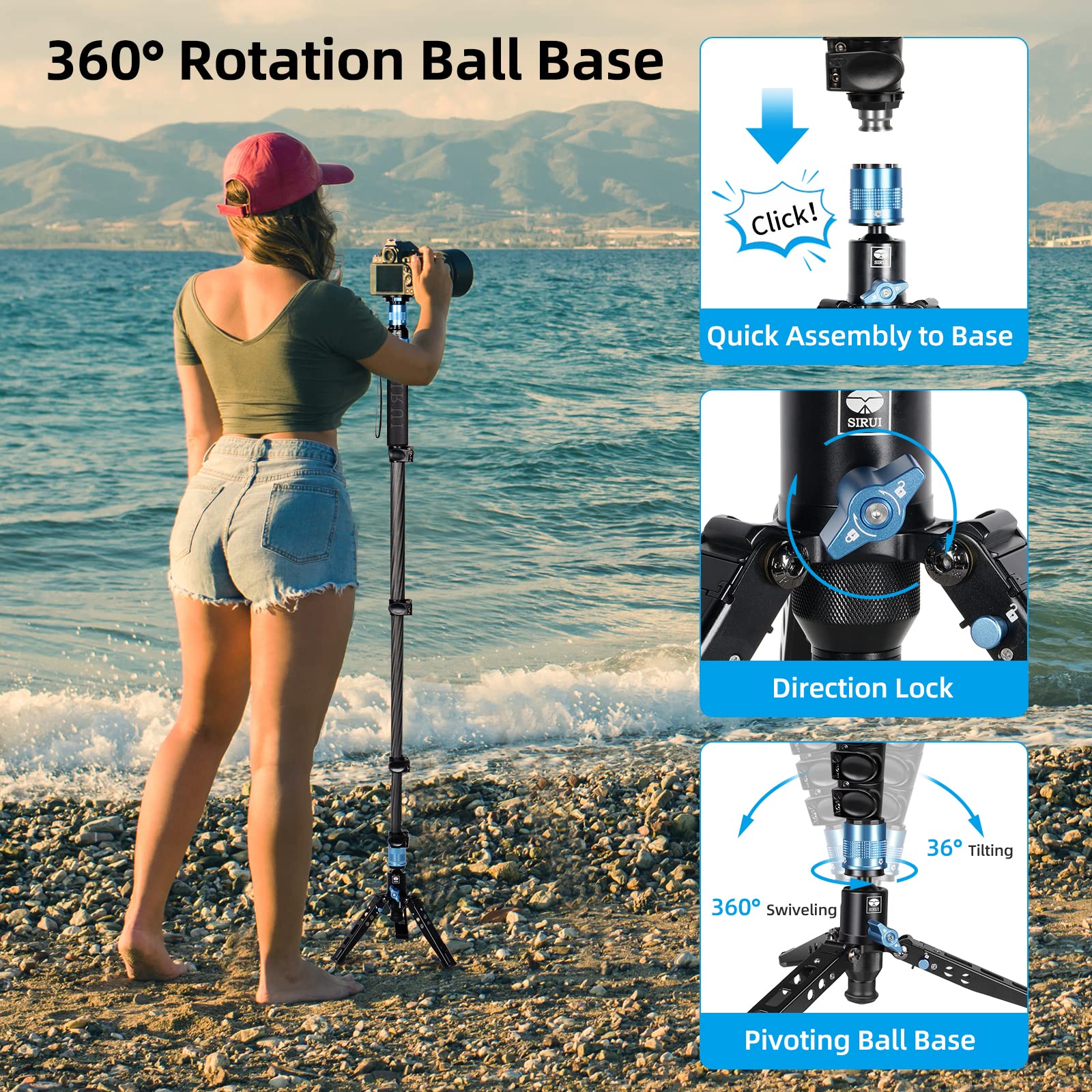 SIRUI P-325FS Monopod with Feet, 55" Carbon Fiber Monopod for Cameras, Professional Lightweight Travel Monopod, Max Load 22lbs, 360° Panorama, 5-Section, Quick Release Plate
