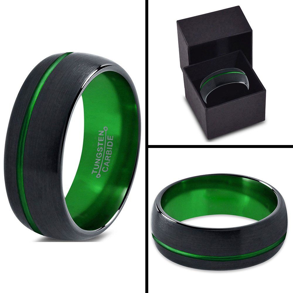 P. Manoukian Tungsten Carbide Wedding Band Ring 8mm for Men Women Green Interior with Green Offset Line Dome Black Brushed Polished Comfort Fit Anniversary Size 9.5