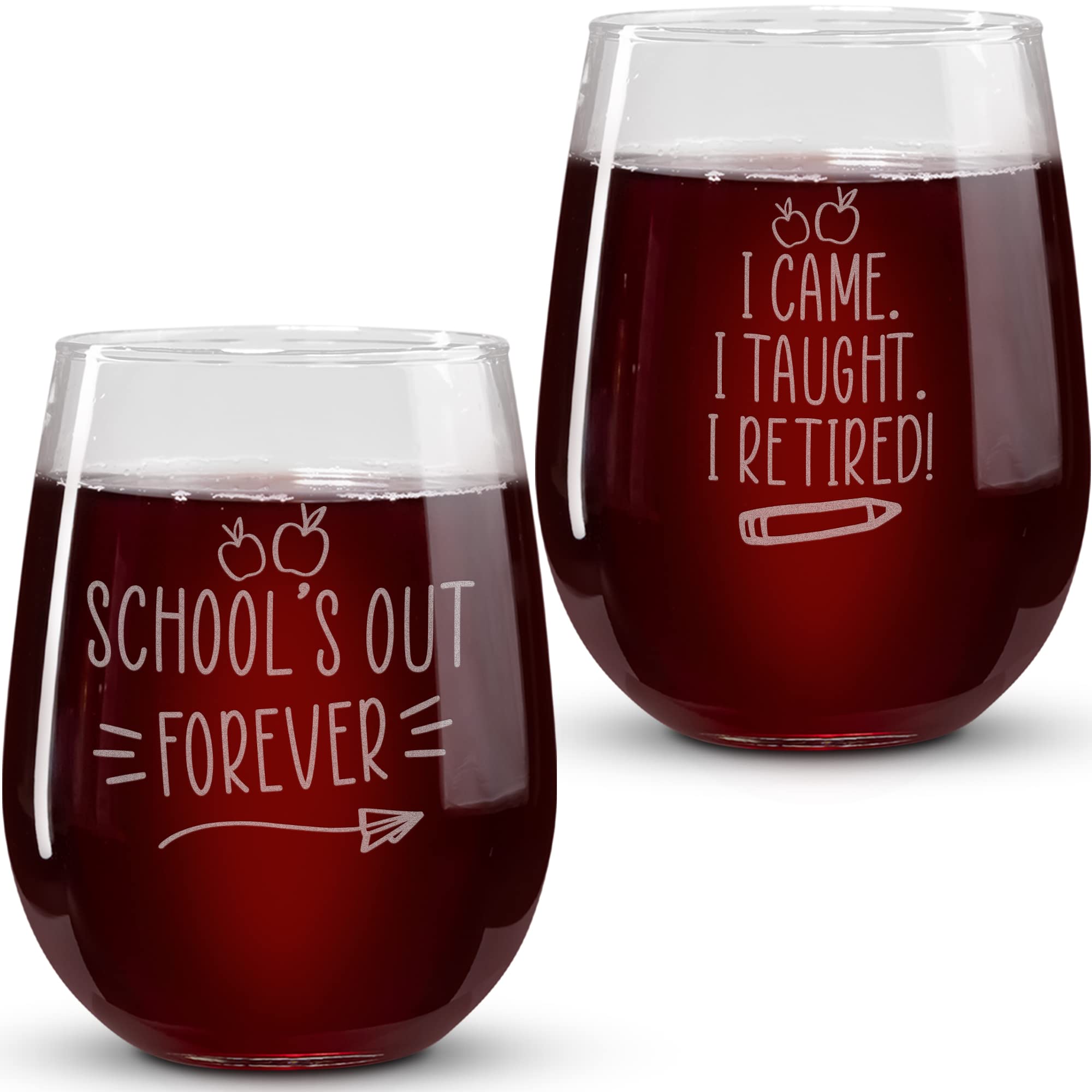 Retirement Gifts for Women 2022 - 2PC Retired Teachers Stemless Wine Glass 17Oz- Funny Teacher Gifts - Gifts for Daycare Provider - Teacher Appreciation Gifts - Retired Gifts for Professors