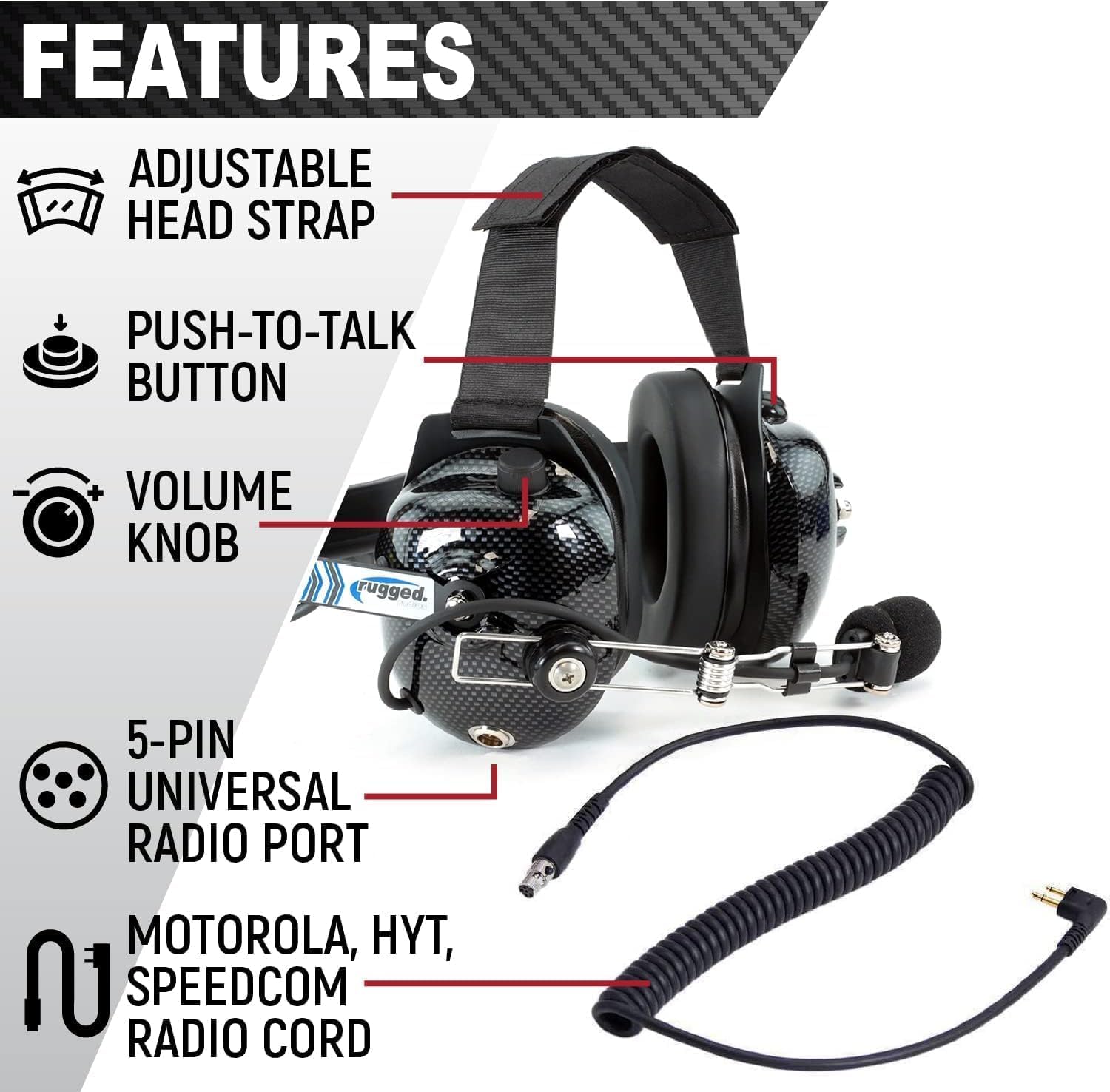 Rugged Behind The Head Headset and Adaptor Cable for Racing Radios Electronics Motorola CP200 β Features Cable to Connect to Two Way Handheld Radio Noise Reduction Volume Control Knob 3.5mm Input Jack