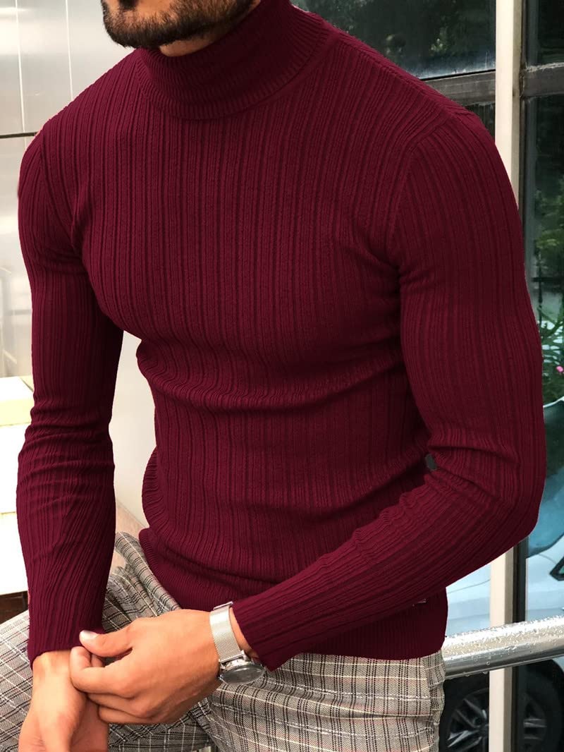 TURETRENDY Men's Stretch Muscle Tshirts Turtleneck Long Sleeve Knit Tees Casual Slim Fit Basic Shirt Tops Red S
