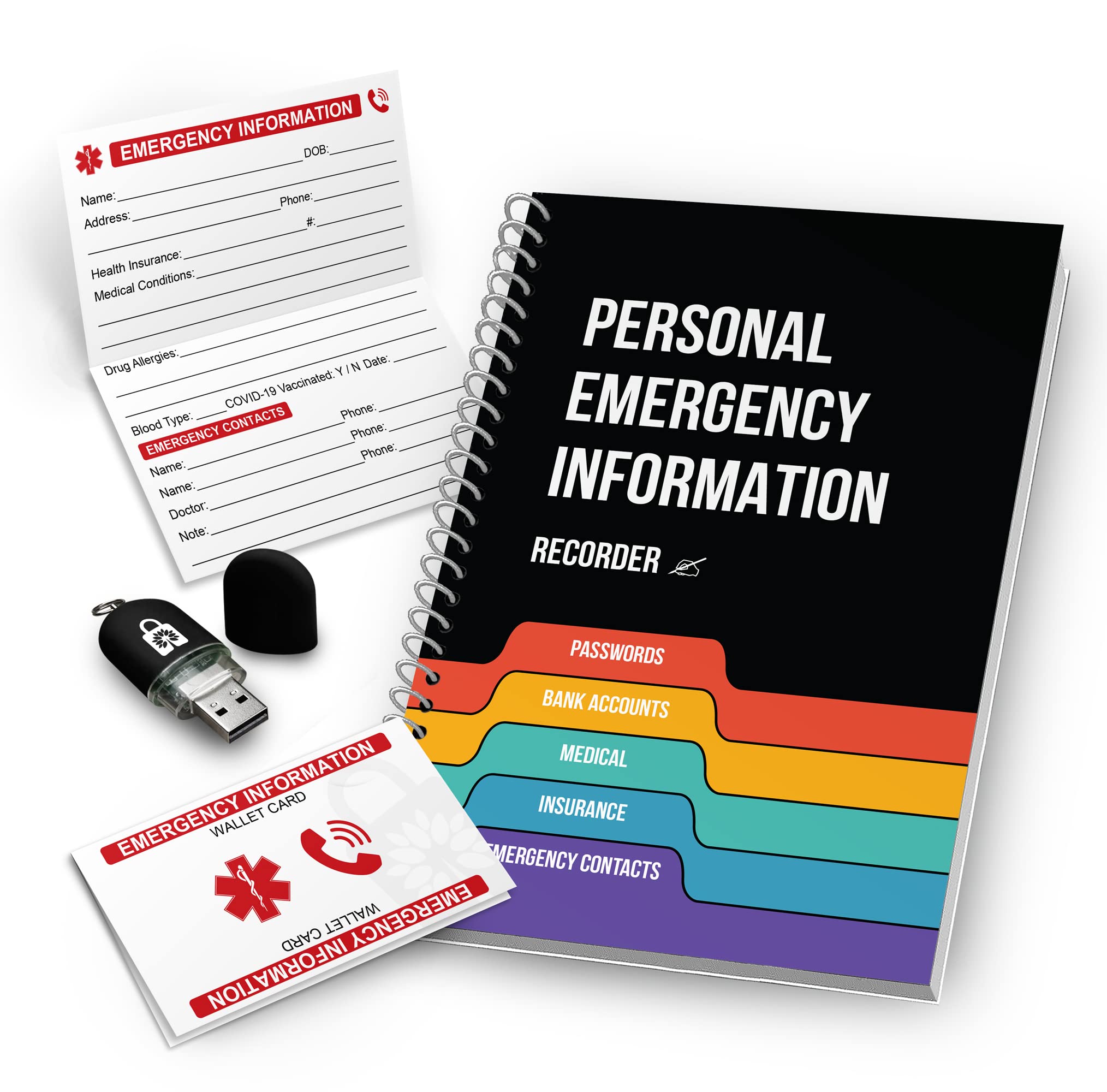 Personal Emergency Information Recorder Notebook Plus a Blank 4 GB USB Flash Drive - Record Passwords, Emergency Contacts, Medical, Financial, Insurance, End of Life Plan and Store Digital Files