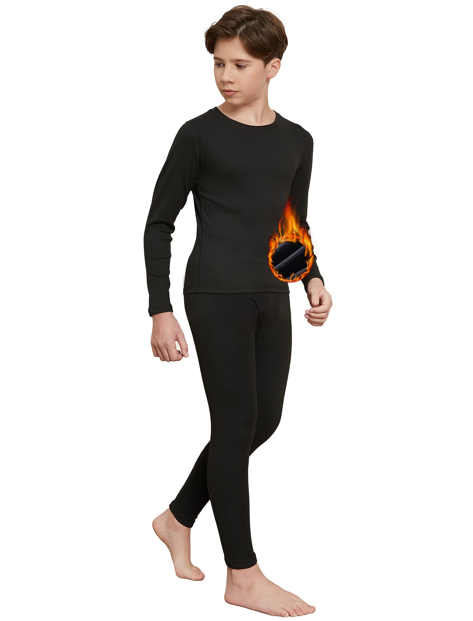 TELALEO Boys Thermal Underwear Set for Kids Long Johns Double Fleece Lined Youth Base Layer with fly Shirt & Pants Sets M Black