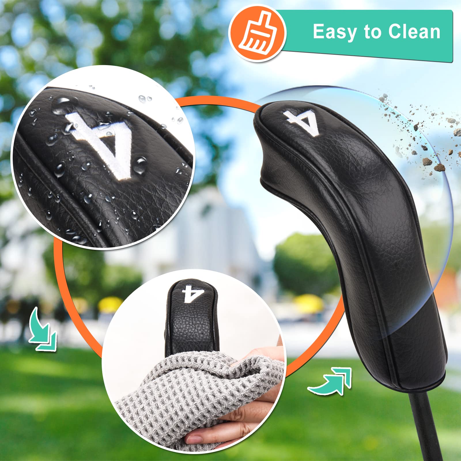 VAEEL 9pcs Hybrid Head Covers for Golf Clubs, Premium Leather Hybrid Iron Covers, Black Hybrid Headcover Set Fit Most Hybrid Irons