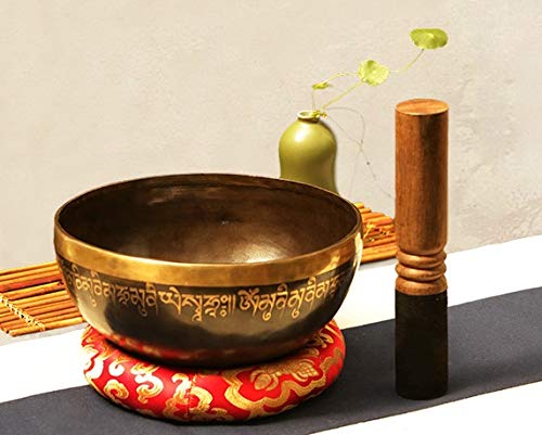 TJLSS Mantra Buddha Pattern Tibetan Singing Bowl Yoga Meditation Bowls Set with Dual Surface Mallet and Silk Cushion Promotes