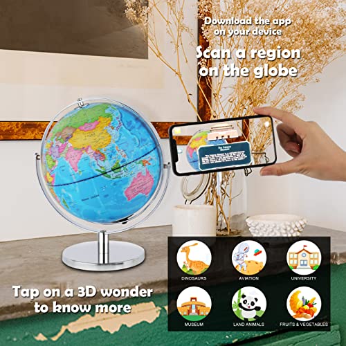 TUFFIOM World Globe, 9-Inch Diameter Illuminated Spinning Earth Globe Display Nightlight with AR interactive and interesting teaching and LED Night Light Lamp