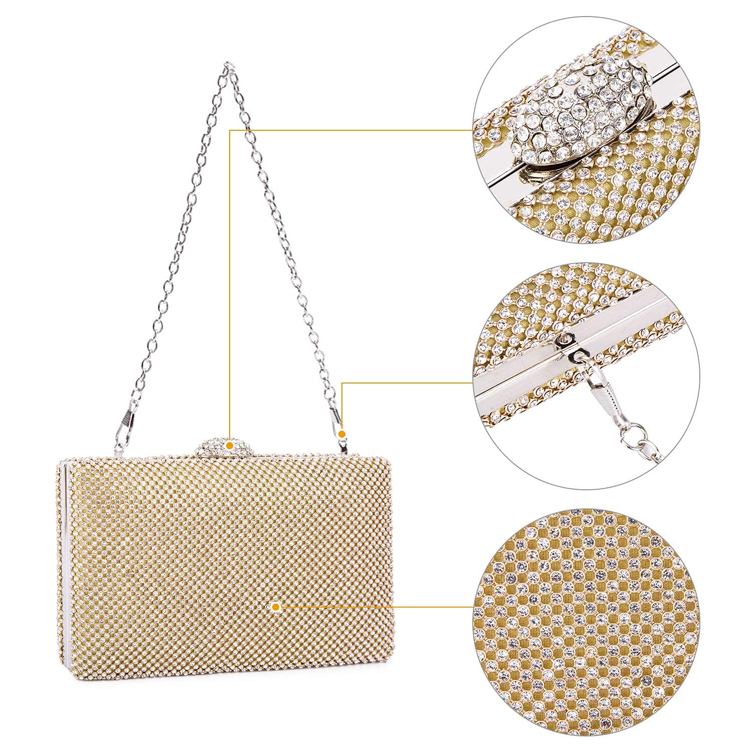 Pinprin Ladies Sparkly Rhinestones Evening Clutches Women's Crystal Diamante Evening Bag Prom Wedding Handbag Party Purse (Gold)