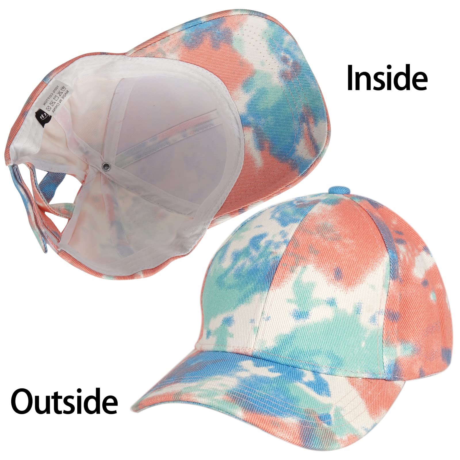 Ponytail Hat Baseball Cap for Women Criss Cross Adjustable Washed Tie Dye Messy Bun Trucker Dad Hat Ponycaps Womens Multicoloured