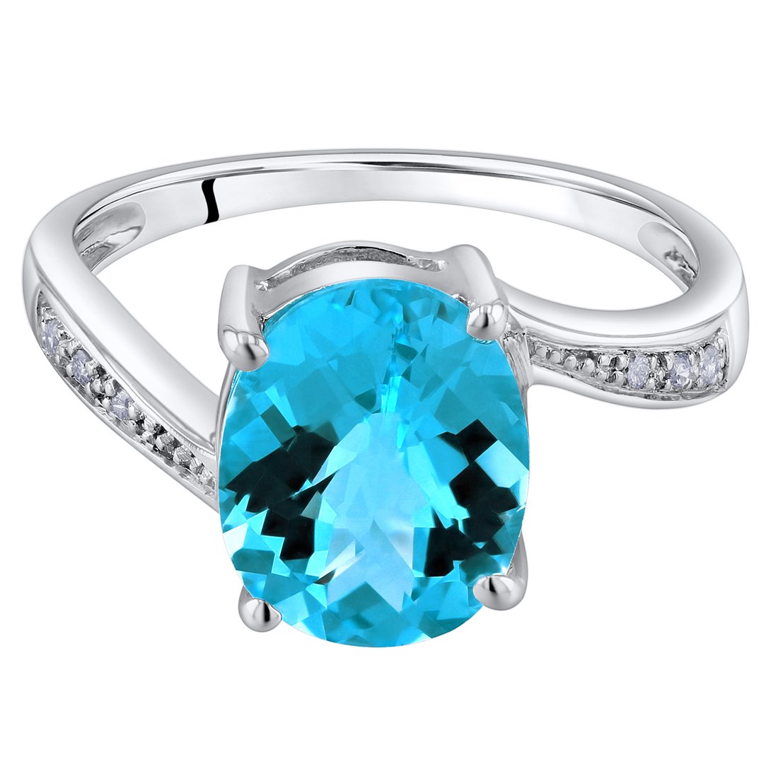 PEORA 14K White Gold Genuine Swiss Blue Topaz and Diamond Solitaire Ring 3 Carats Oval Shape Size 7