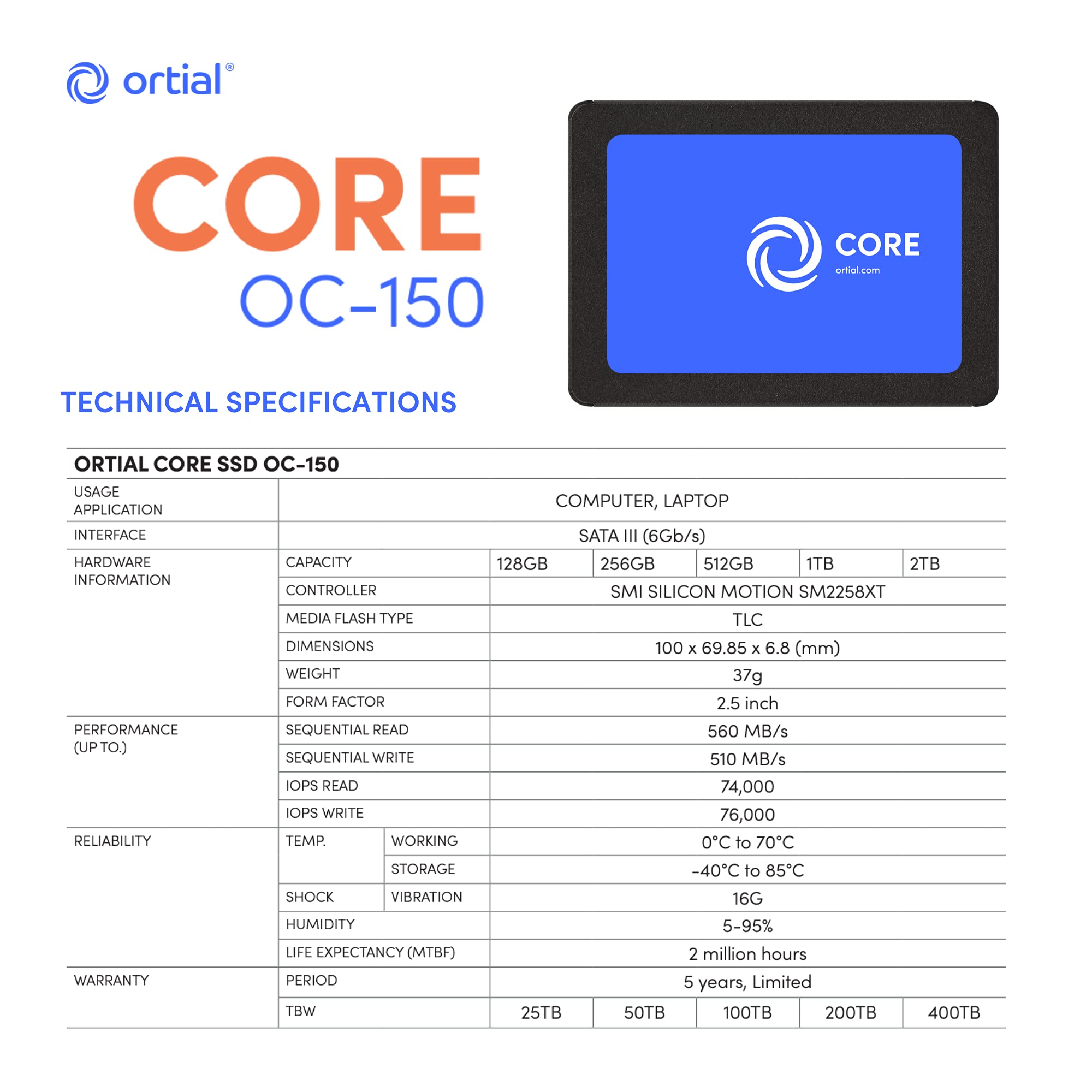 Ortial OC-150 256GB SATA III CORE 2.5 Inch Internal Solid State Drive SSD - OC-150-256