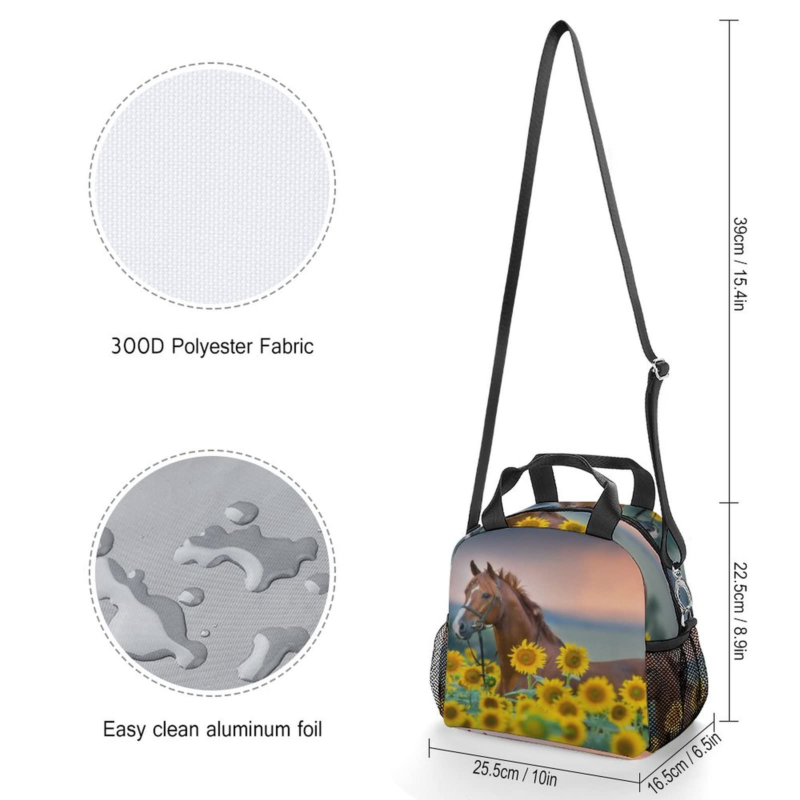 Sunflower Red Horse Lunch Bag, Lunch Box Portable Insulated Lunch Tote Bag, Thermal Cooler Bag for Women Work Outdoor