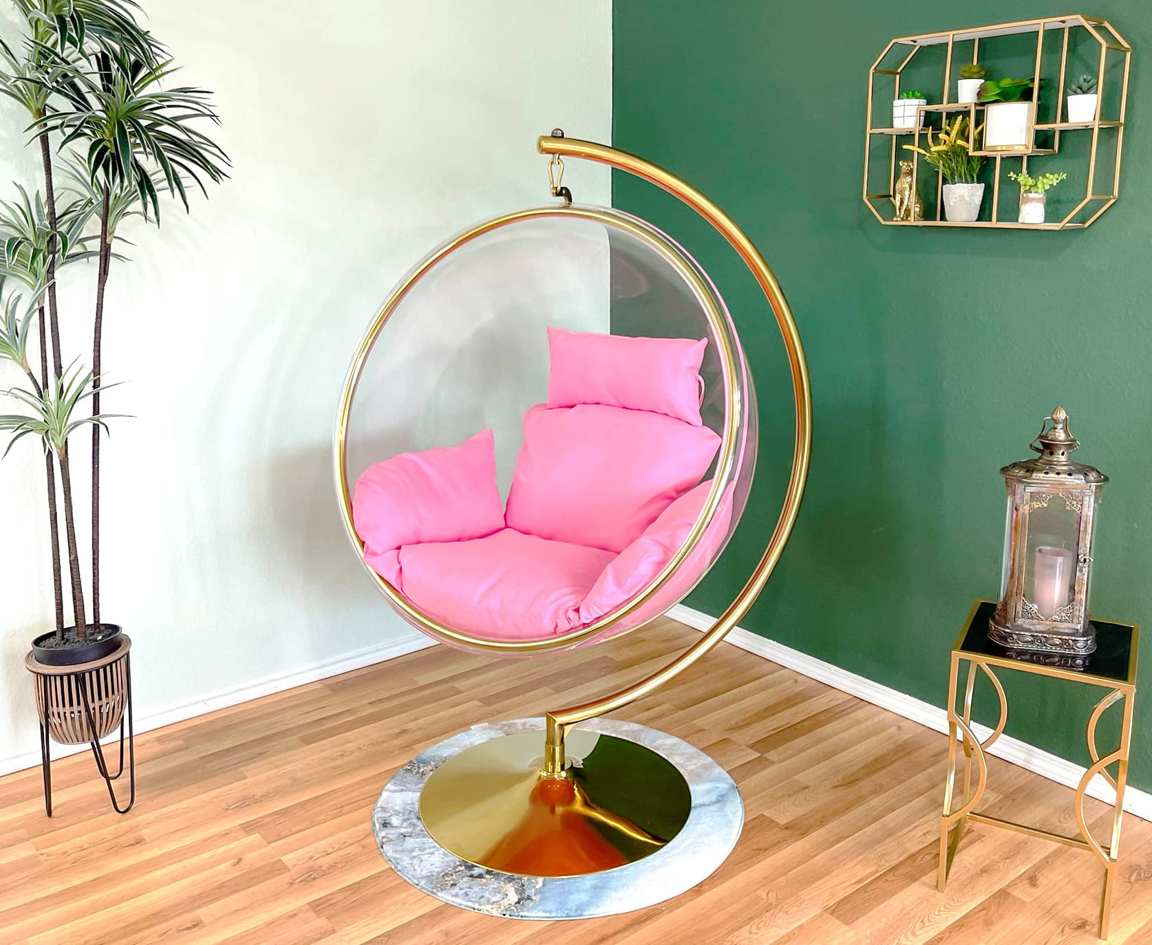 SK CHUMRA Bubble Hanging Chair Clear Acrylic Accent Swing Chair with Gold/Chrome Stand and Durable Fabric Seat Cushion (Gold/Pink Cushion)