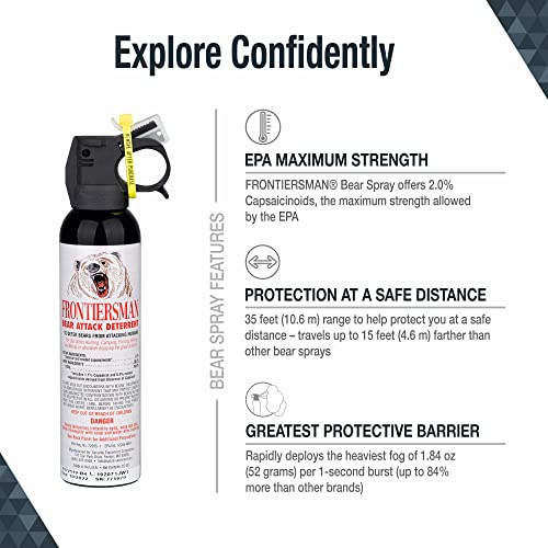 SABRE Frontiersman 9.2 fl oz. Bear Spray, Maximum Strength 2.0% Major Capsaicinoids, Powerful 35 ft. Range Bear Deterrent, Outdoor Camping & Hiking Protection