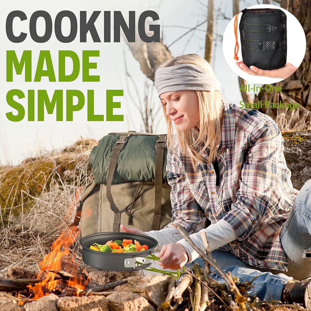 Tempsnow 12PCS Camping Cookware Mess Kit for 1-3 Person,Aluminum Compact Camping Pots and Pans Set with Mesh Carry Bag for Hiking Cooking and Picnic