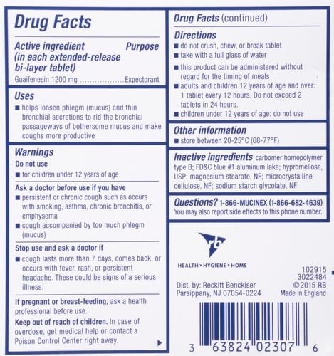 Mucinex 12 Hour Maximum Strength 1200 mg Guaifenesin Extended-Release Tablets for Excess Mucus Relief, Expectorant Aids Excess Mucus Removal, Chest Congestion Relief, 7 Tablets
