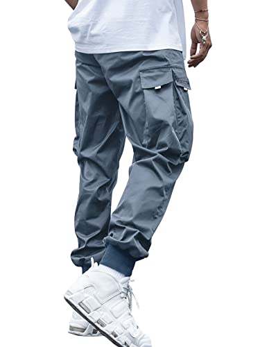 Romwe Men's Flap Pocket Drawstring Elastic Waist Letter Graphic Street Cargo Pants Dusty Blue M