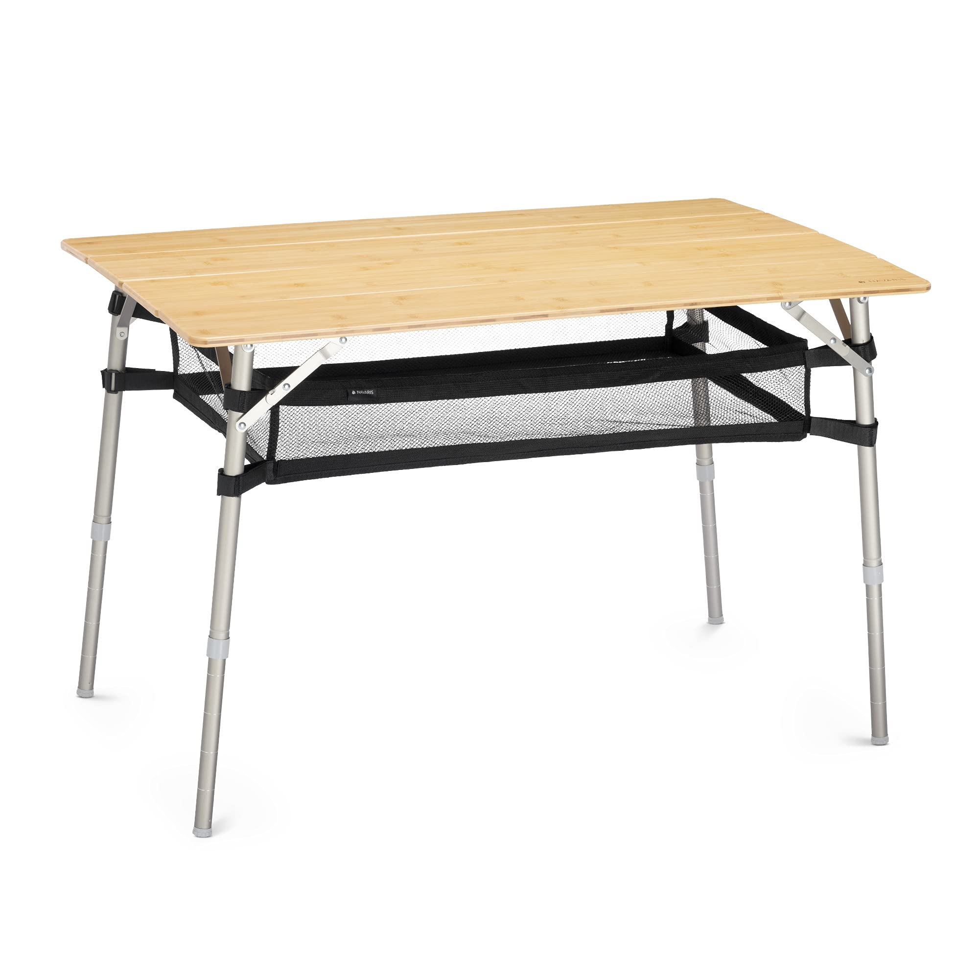 Navaris Portable Folding Bamboo Table - 39.4" x 25.6" Height Adjustable, Camping Table for Outdoors, Picnics with Telescopic Aluminum Legs with Shelf