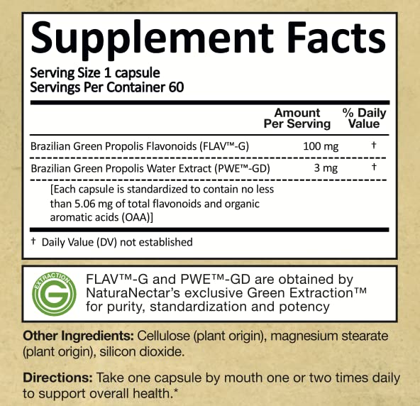 NaturaNectar Green Bee Propolis | NSF Contents Certified | Premium Brazilian Propolis | Care Relief | Ethical Beekeeping & Naturally Sourced | 60 capsules
