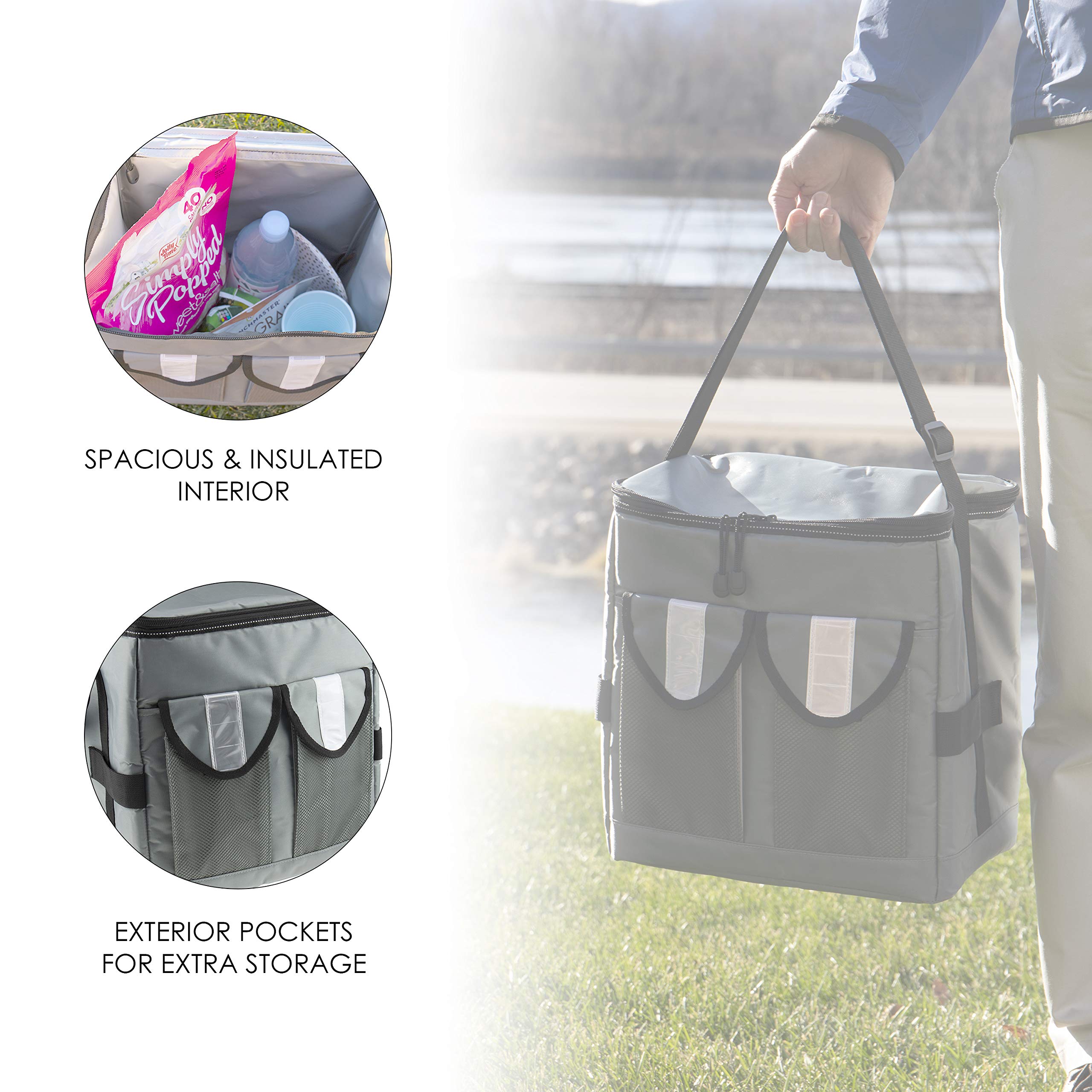 Reliant Outdoor Large Insulated Grey Cooler Bag for Men and Women with Zipper Pockets, Perfect for Work, Beach, Camping, Hiking and Everyday Use