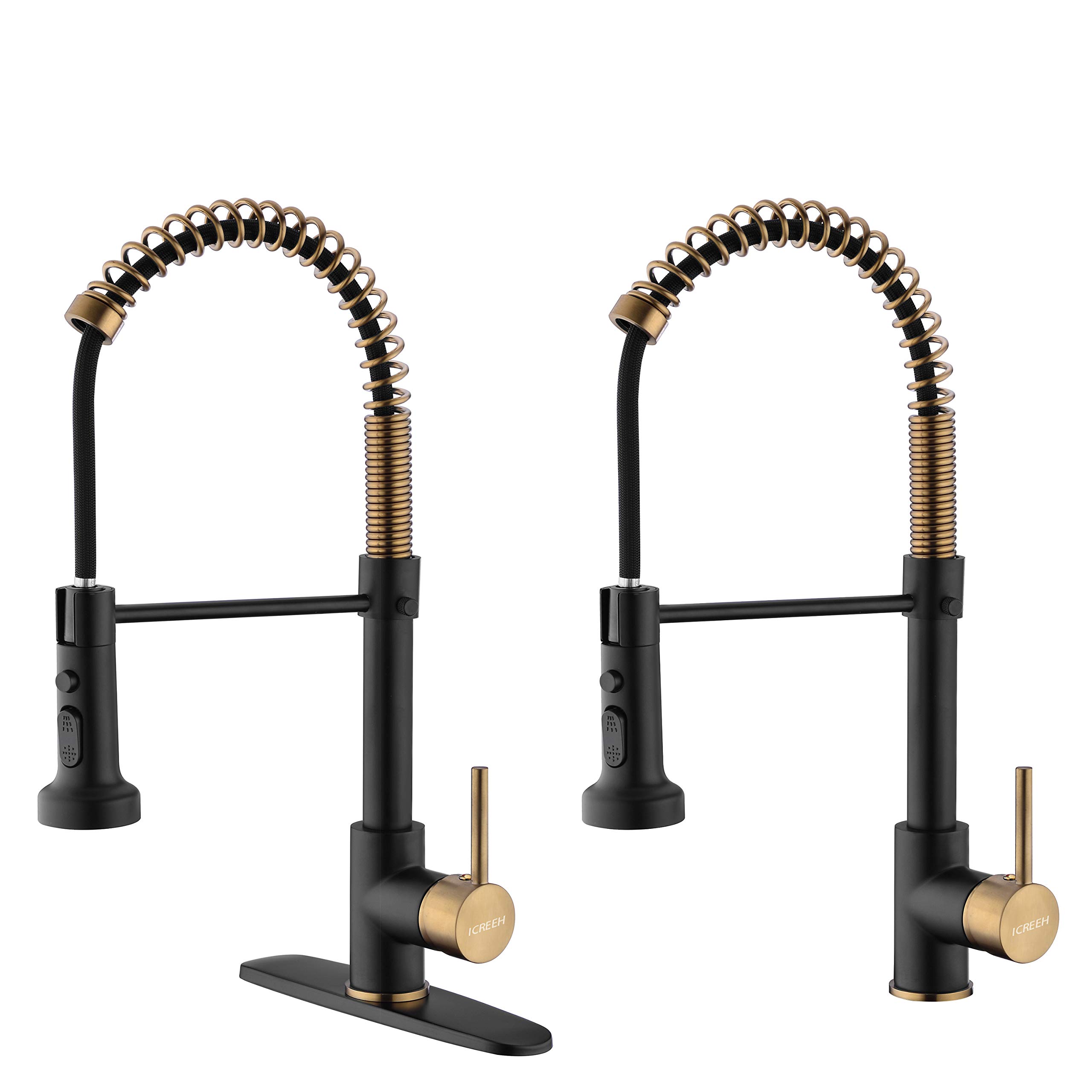 Matte Black and Gold Kitchen Faucet,Black and Gold Kitchen Faucet with Pull Down Sprayer Commercial Single Handle Spring Kitchen Faucet for Kitchen Sink,Matte Black & Gold