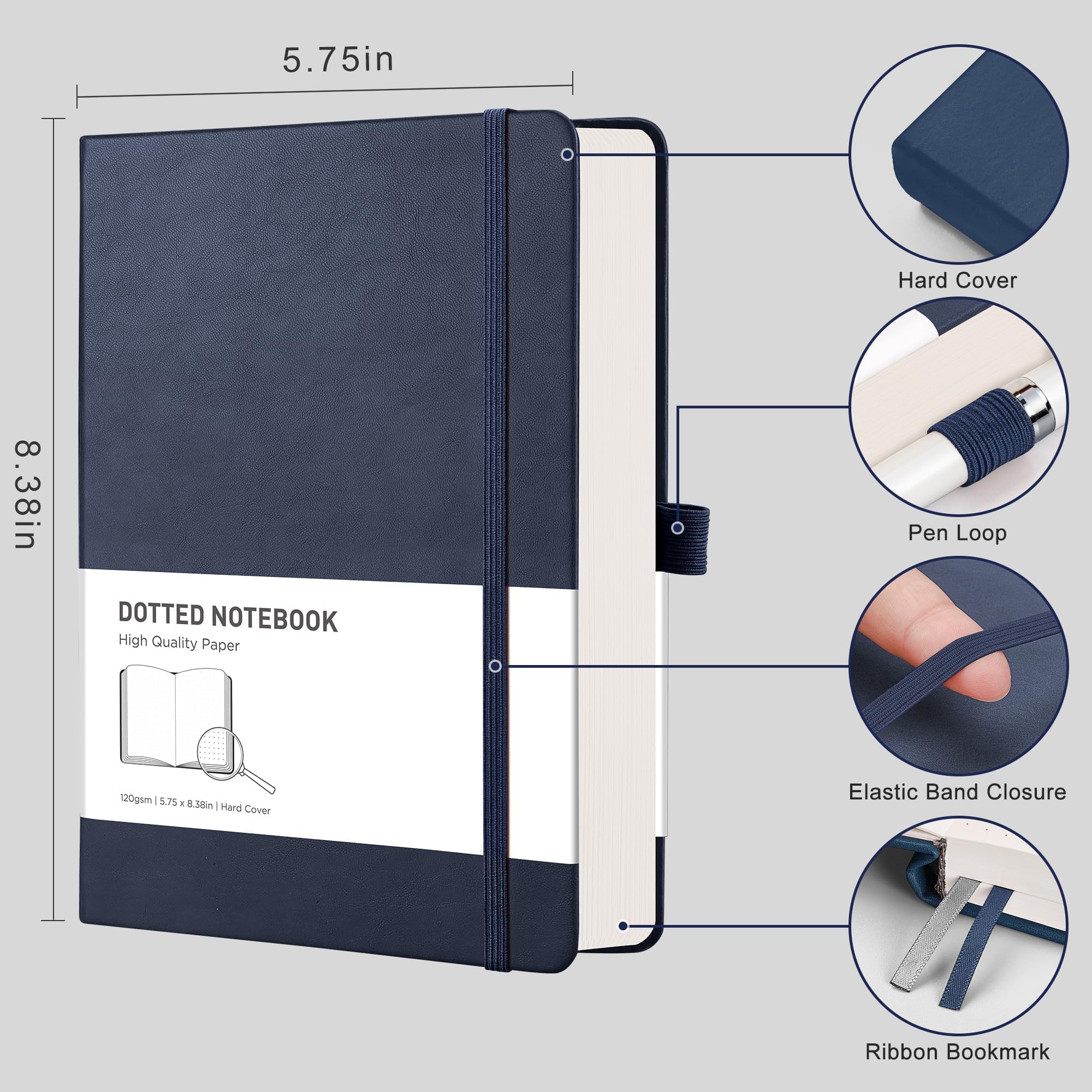 RETTACY Bullet Dotted Journal - A5 Dotted Grid Journal Notebook with 256 Pages, 120 GSM Acid-Free Paper, Bullet Journaling, Sketching, Leather Hardcover, Inner Pocket, 5.7'' Γ 8.3'' (Navy Blue)