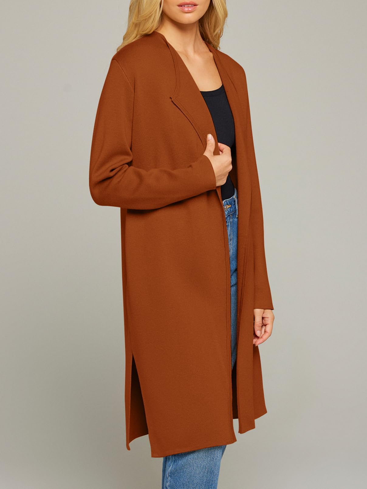 MEROKEETY Womens Fall Long Sleeve Dressy Cardigan Classy Loose Cozy Knitted Long Sweater Jackets, Caramel, L