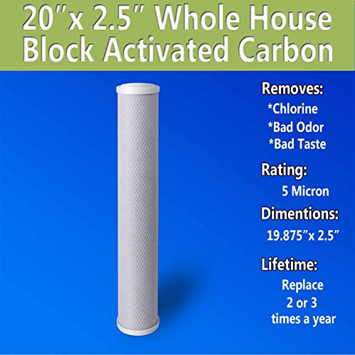 Standard Whole House Coconut Shell Carbon Block 5 Micron Water Filter 20” x 2.5” Fits 20” x 2.5” Housings. Remove Chlorine and Bad Odor. Compatible with C1-20, HX-CB-25-2010, F3WCB32 Pack of 6