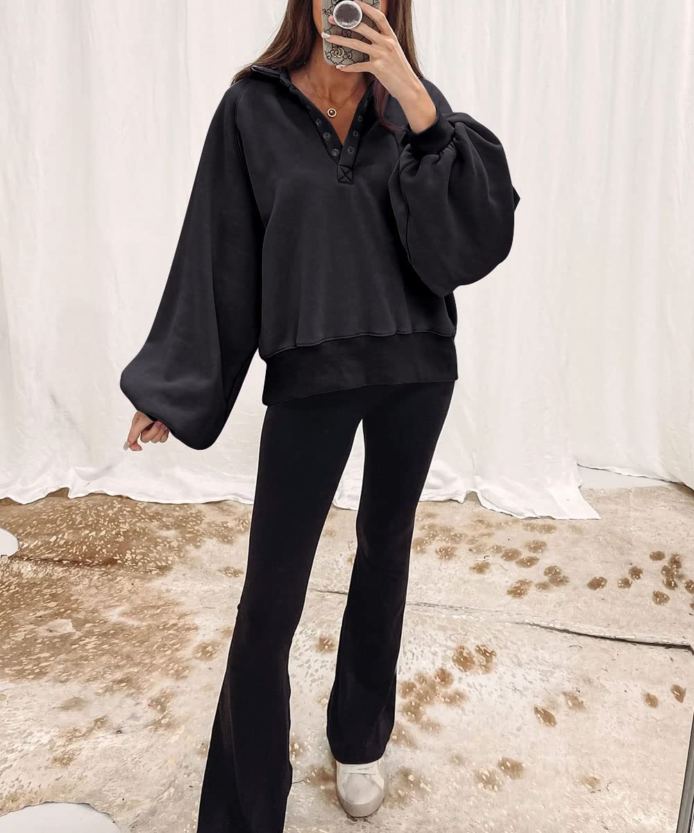 Trendy Queen Womens Sweatshirts Cropped Sweater Fashion Hoodies Oversized Jacket Fall Clothes 2023 Lantern Sleeve Drop Shoulder Pullover Button Fashion Y2K Outfits Black