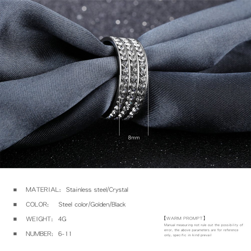 PAURO Women's Stainless Steel 3 Rows Cubic Zirconia Round Cut CZ Ring Promise Wedding Band Silver Size 7
