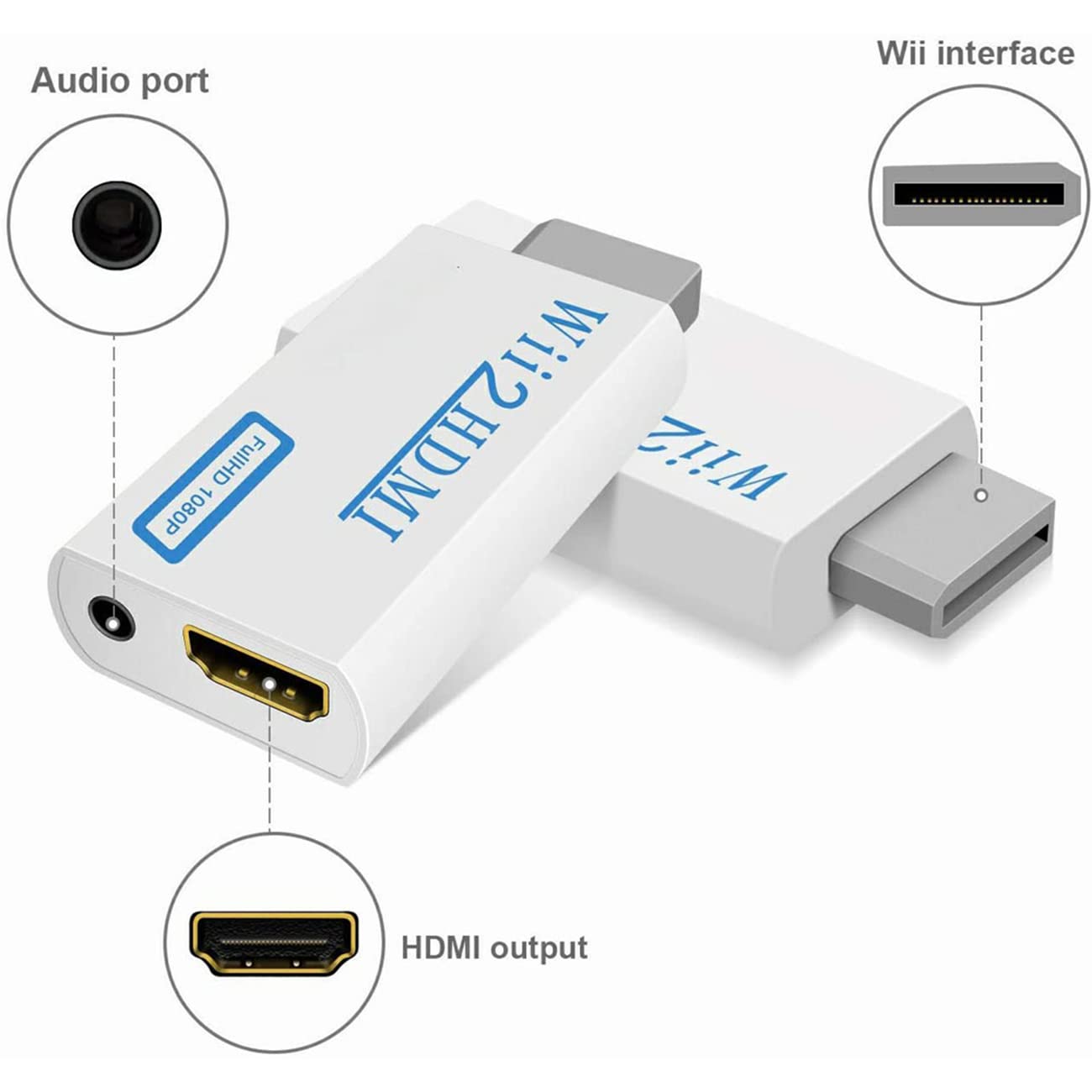 Xsusmdom Wii HDMI Adapter, Wii to HDMI Converter 1080p Connector Output Video 3.5mm Audio - Supports All Wii Display Modes (White)