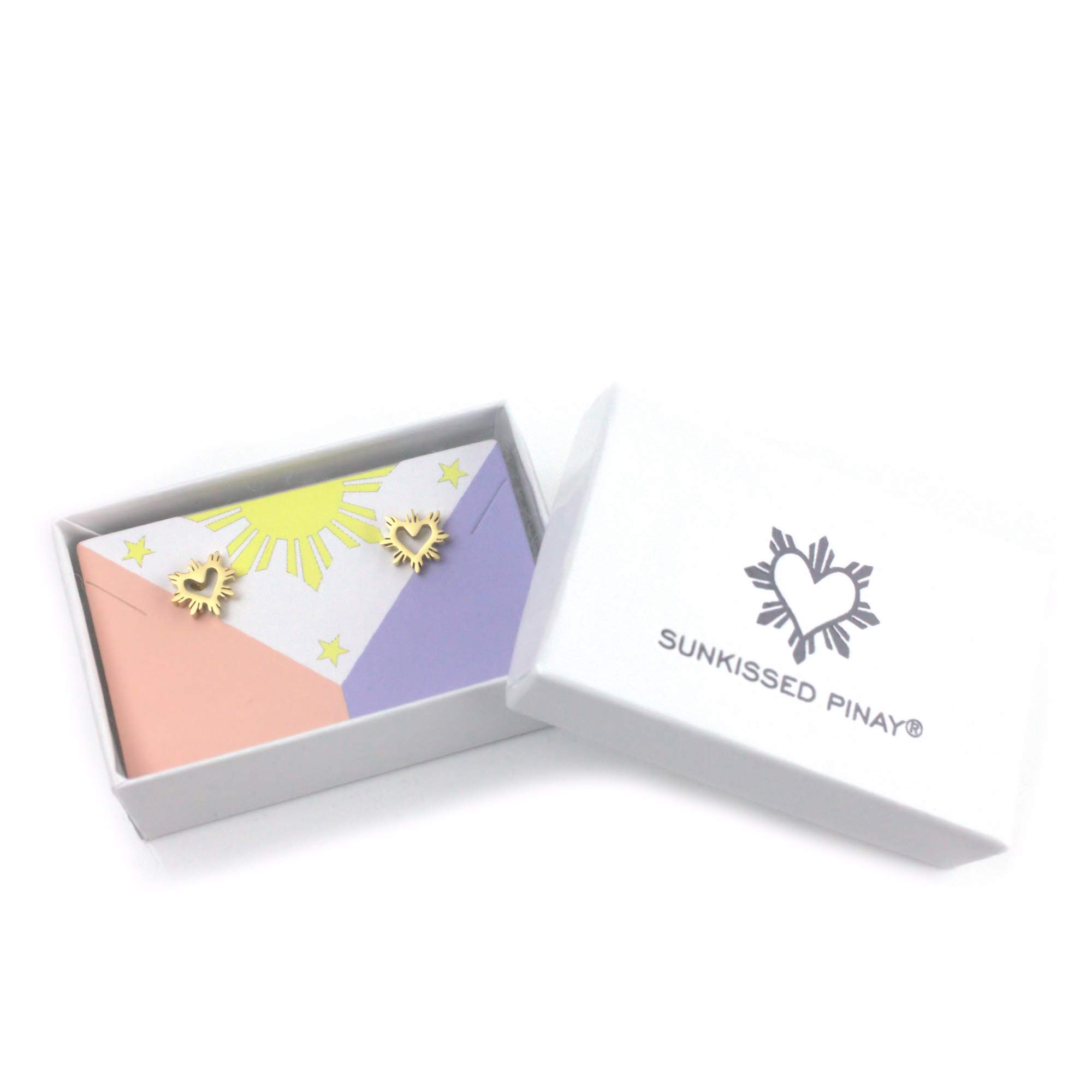 Philippine Heart Sun Earrings Filipino pride jewelry Filipina heritage flag (Gold)