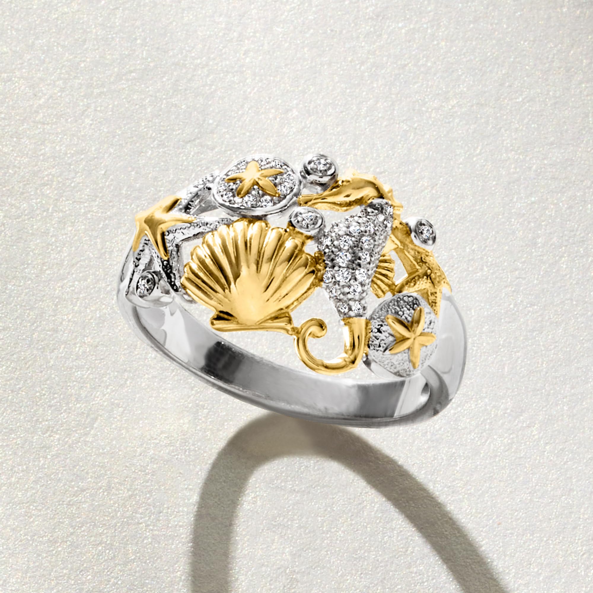 Ross-Simons 0.10 ct. t.w. Diamond Sea Life Ring in 2-Tone Sterling Silver. Size 7