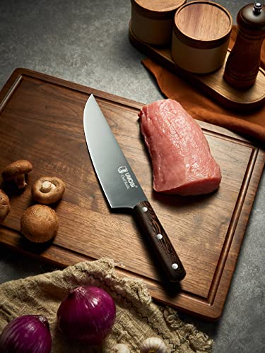 UMOGI Premium 8 Inch Chef’s Knife with sheath - German High Carbon Stainless Steel - Full Tang Natural Wooden Handle Ergonomic Grip,Ultra Sharp - Best for Slicing Meats Roasts Vegetable & Fruits