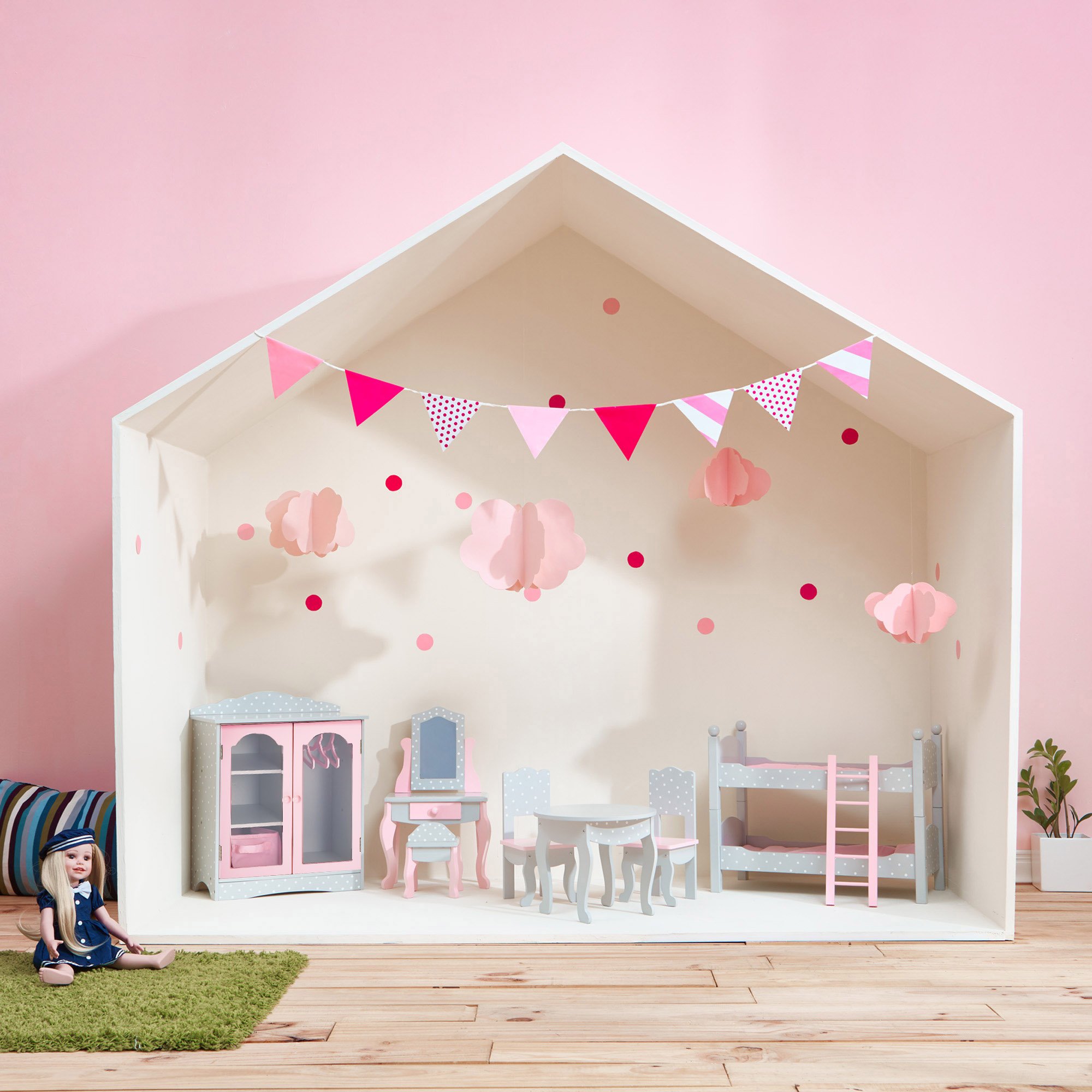 Olivia's Little World Polka Dot Princess Wooden Shaker-Style Double Closet for 18" Doll Wardrobes with Windowed Doors, Three Shelves, Hanging Space with Hangers, Gray/Pink