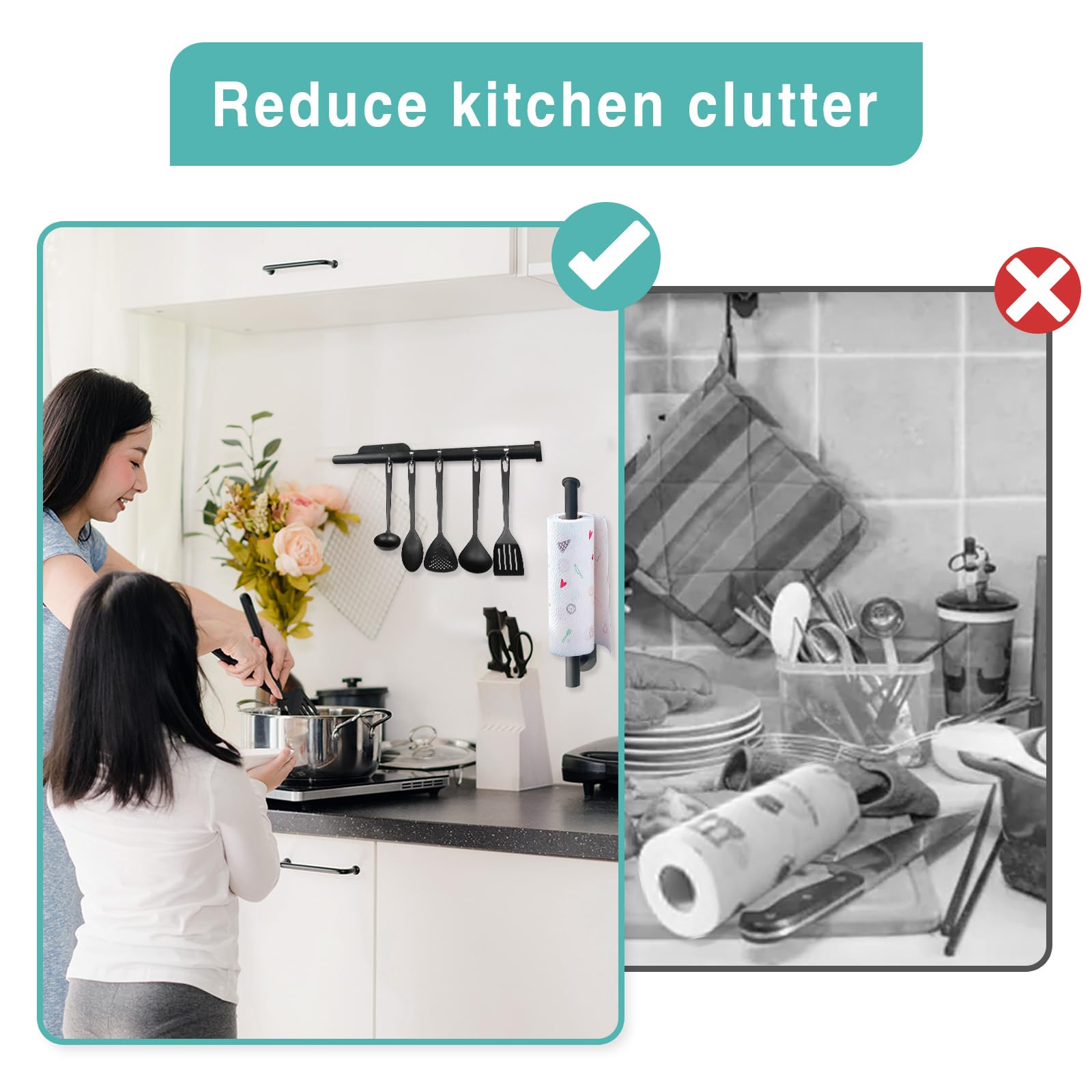 Paper Towel Holder, Self Adhesive or Drilling Paper Towel Holder Under Cabinet, Stainless Steel Black Paper Towel Holder Wall Mount for Kitchen, Bathroom, Sink, Pantry, Fridge