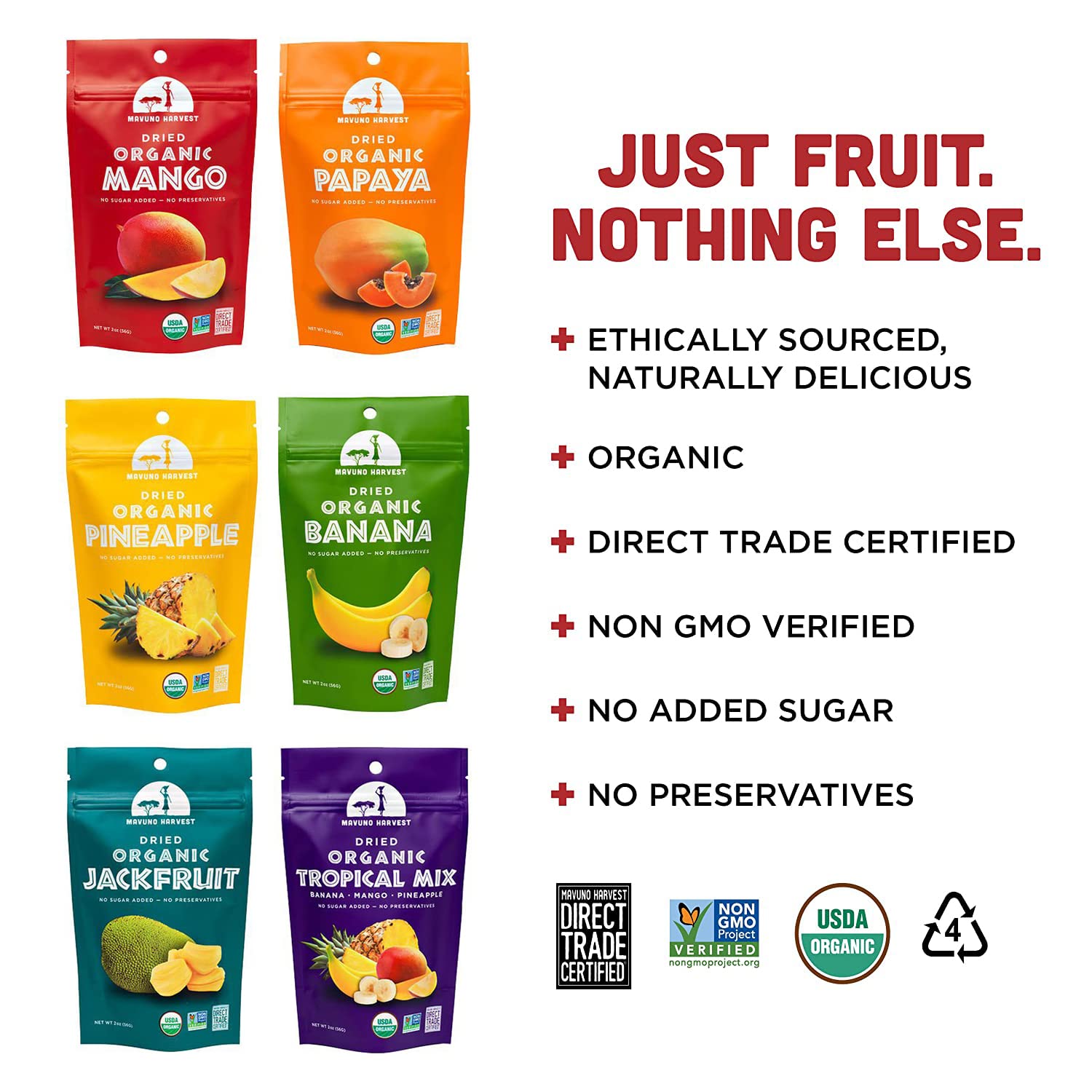 Mavuno Harvest Organic Dried Fruit Variety Pack | Dried Mango, Papaya, Pineapple, Banana, Jackfruit, & Tropical Mix | Healthy, Vegan, No Sugar Added, Non GMO Snacks for Kids & Adults | 2 Ounce, 6 Pack