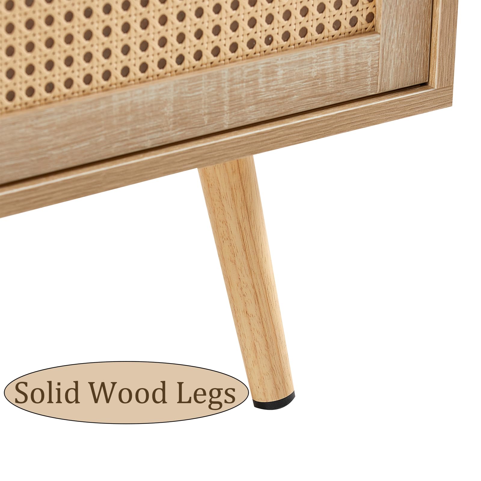 Modern Rattan Coffee Table with Sliding Door Storage, 41.3 Inch Small Wood Coffee Table with Solid Wood Legs, Boho Coffee Tables for Living Room