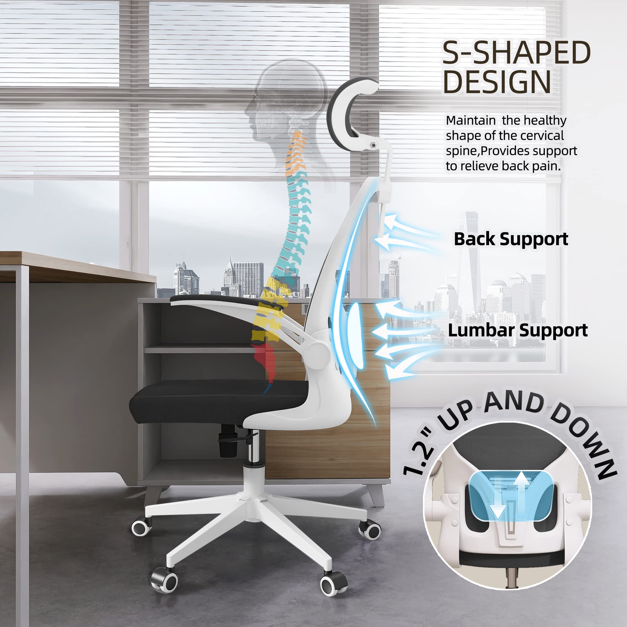 Monhey Office Chairs, Ergonomic Office Chair, Computer Chair with Adjustable Headrest, Lumbar Support, 2D Flip-up Armrest, Khaki Mesh Office Chair